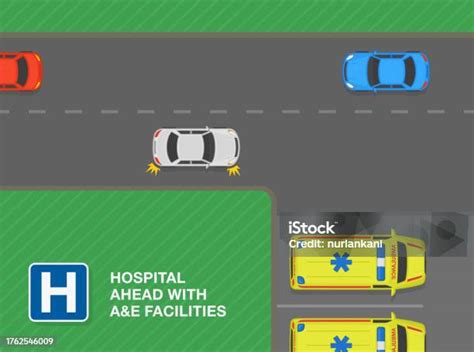 안전 운전 요령 및 교통 법규 Ae 시설 표지판이 있는 병원 앞 교통 흐름이 있는 도로의 평면도입니다 벡터 일러스트 레이 션 템플릿 개체 그룹에 대한 스톡 벡터 아트 및