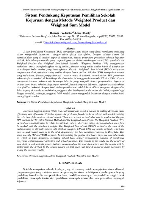 Pdf Sistem Pendukung Keputusan Pemilihan Sekolah Kejuruan Dengan Metode Weighted Product Dan