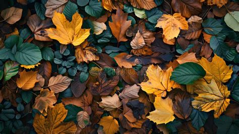a background of bold autumn leaves and a cluster of green leaves and a