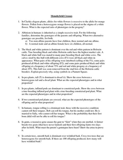 Worksheets On Monohybrid Cross