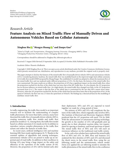 Pdf Feature Analysis On Mixed Traffic Flow Of Manually Driven And Autonomous Vehicles Based On