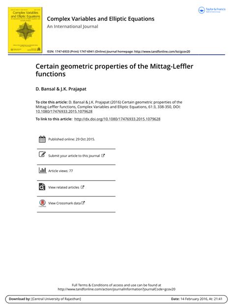 Pdf Certain Geometric Properties Of The Mittag Leffler Functions