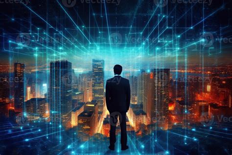 hacker looking on glowing stock chart on virtual screen trade and