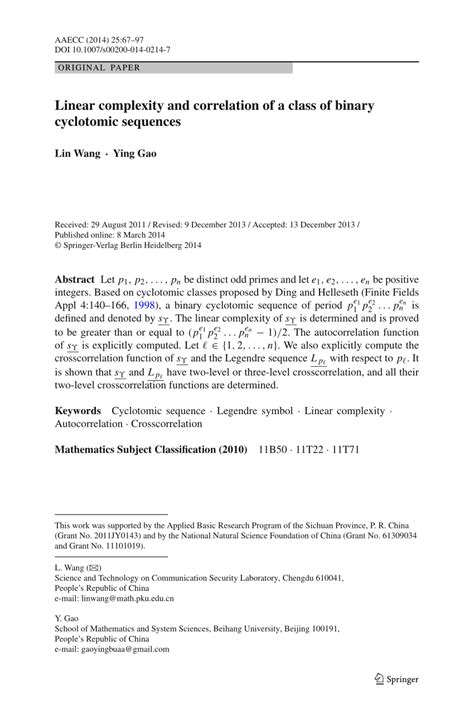 pdf linear complexity and correlation of a class of binary cyclotomic