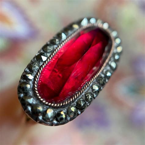 Antique Georgian French Oval Lozenge Foiled Garnet Paste With Marcasite