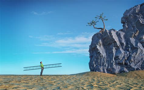 남자는 사다리를 들고 큰 바위를 오르기 위해 위를 올려다 본다 이것은 3d 렌더링 그림입니다 개념에 대한 스톡 사진 및 기타 이미지 Istock