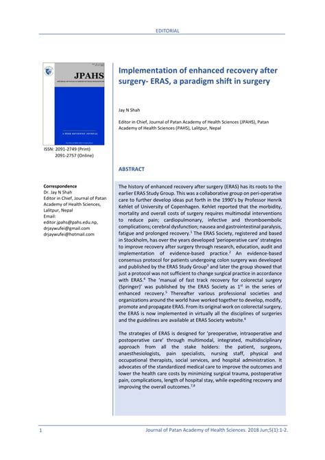 Pdf Implementation Of Enhanced Recovery After Surgery Eras A Paradigm Shift In Surgery