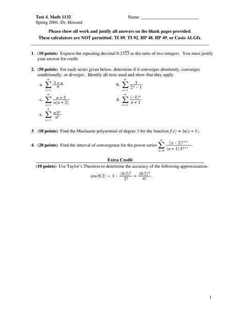 Exam 4 Practice Calculus With Analytic Geometry 2 Math 1132 Exams Analytical Geometry And