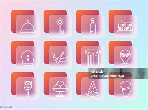 세트 라인 콜로세움 그릇에 아이스크림 고대 기둥 피자 조각 곤돌라 보트 병 와인 쟁반 음식과 오래 된 열쇠 아이콘으로 덮여 있습니다 벡터 0명에 대한 스톡 벡터 아트 및