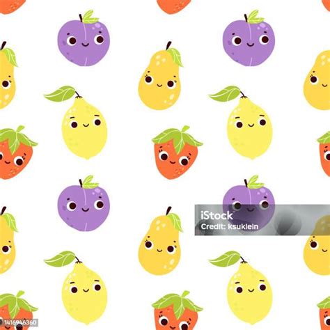 재미있는 과일과 열매가있는 완벽한 패턴 레몬 딸기 매실 배의 만화 캐릭터 가공의 인물에 대한 스톡 벡터 아트 및 기타 이미지 가공의 인물 과일 귀여운 Istock