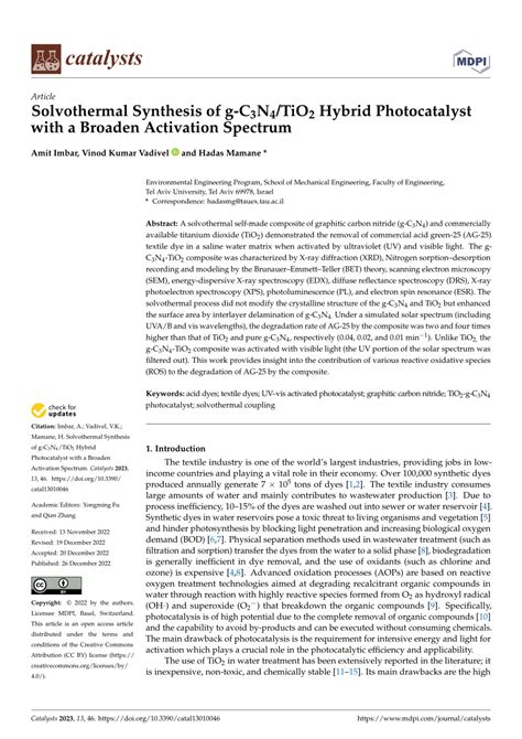 Pdf Solvothermal Synthesis Of G C3n4 Tio2 Hybrid Photocatalyst With A Broaden Activation Spectrum