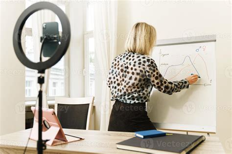 mujer bloguera o entrenadora dibujando un gráfico de excitación durante la lección de sexología