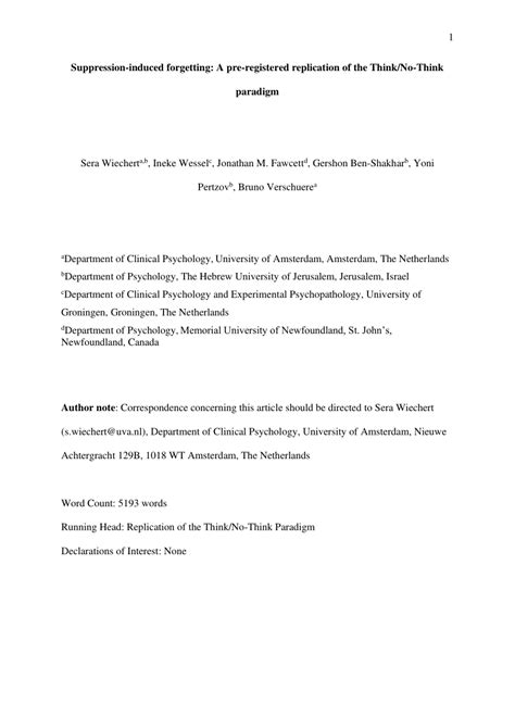 Pdf Suppression Induced Forgetting A Pre Registered Replication Of The Thinkno Think