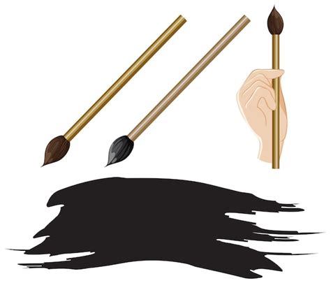 검정 잉크 세트가 있는 중국 브러시 무료 벡터