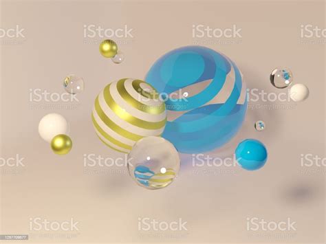 여러 가지 빛깔의 장식 공 사실적인 구가 있는 추상3d 그림입니다 파란색 투명 및 골드 구체렌더링 줄무늬에 대한 스톡 사진 및 기타 이미지 Istock