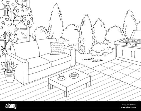 Backyard Deck Garden Graphic Black White Sketch Illustration Vector