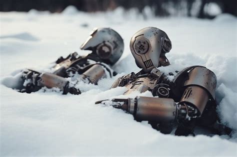 AI Generated Illustration Of Two Old Rusty Robots Lying In The Snow Stock Illustration