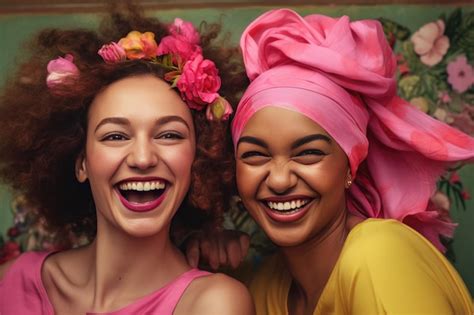 Premium Photo Cheerful Multicultural Women Wearing Pink Headbands