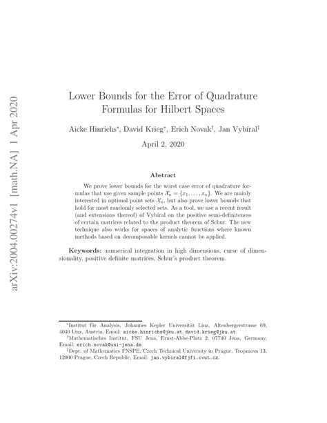 Pdf Lower Bounds For The Error Of Quadrature Formulas For Hilbert Spaces
