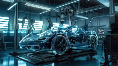 Robotic Arms Assembling Holographic Projection Of Electric Sportscar In Modern Factory Premium