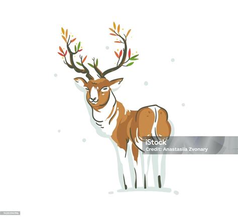 손으로 그린 벡터 추상 재미 젊은 순 록 함께 메리 크리스마스 시간 만화 일러스트 레이 션 및 잎이 흰색 배경에 고립 지점 뿔 크리스마스에 대한 스톡 벡터 아트 및 기타