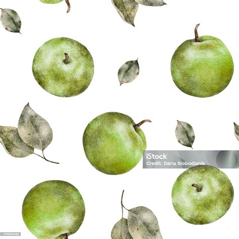 잎이 있는 신선한 녹색 사과의 완벽 한 패턴입니다 음식 질감입니다 빨갛고 육즙이 풍부한 사과를 통째로 반복 주스 팩 식탁보 덮개