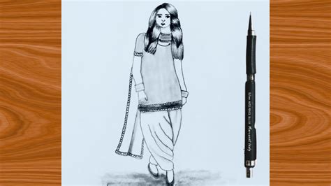 How To Draw A Girl Wearing Suit Salwar Pencil Sketch For Beginner Girl Drawing Punjabi
