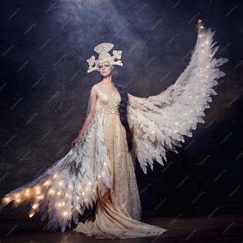 Art Woman Angel With Wings In Luxurious Long Dress Premium Photo