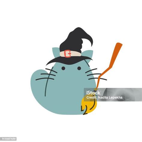 할로윈 인사말 카드와 포스터 파티 간판을위한 빗자루가있는 마녀의 모자에 고양이 기호와 기호가 있는 개념 그림입니다 플랫 디자인 만화 요소 벡터 일러스트레이션 10월에 대한