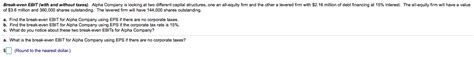 Solved Break Even Ebit With And Without Taxes Alpha