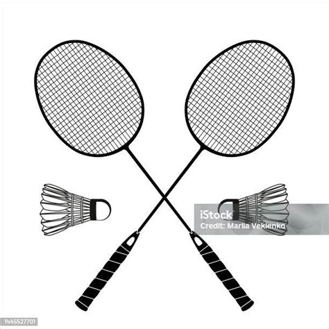 플랫 블랙 배드민턴 라켓과 셔틀콕 블랙 실루엣 흰색 배경에 격리된 벡터 삽화 필수 배드민턴 스포츠 게임 장비 응용 프로그램에 대