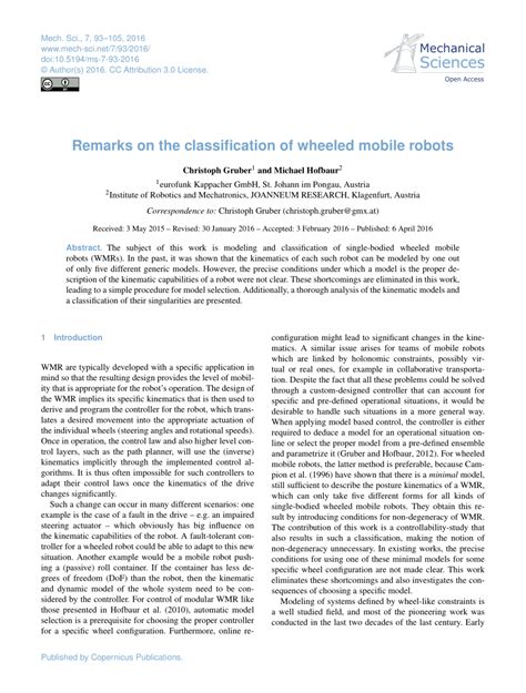 Pdf Remarks On The Classification Of Wheeled Mobile Robots