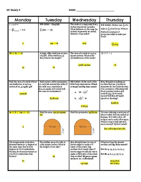 Weekly Math Sheet 9 By The Power Of Pi Tpt