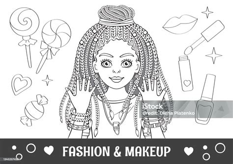 선형 연필 도면 안티 스트레스 색칠 공부 책 이나 페이지 세련된 헤어 스타일 메이크업과 보석 세련된 소녀 현대 공주 젠 엉킴
