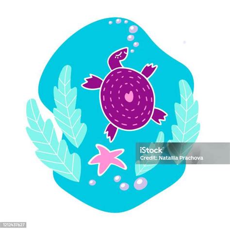 평면 벡터 분홍색 불가사리 녹색 해초 돌 아쿠아 마린 배경에 거품과 바다에서 보라색 거북이의 그림 거북이에 대한 스톡 벡터 아트