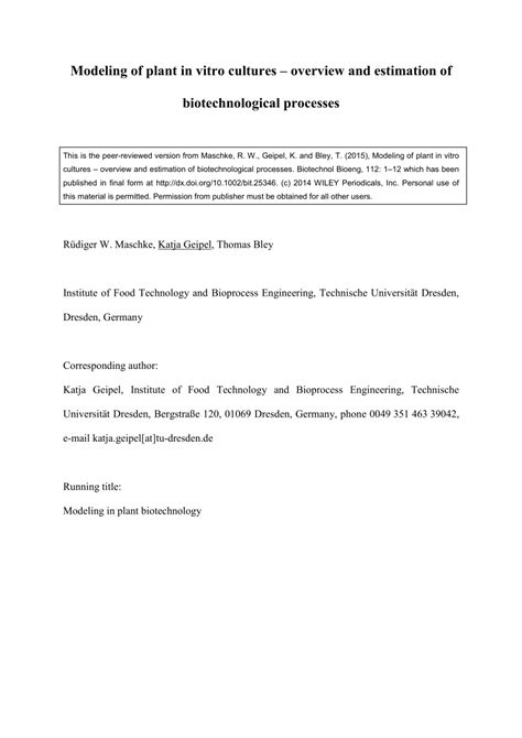 Pdf Modeling Of Plant In Vitro Cultures Overview And Estimation Of Biotechnological Processes
