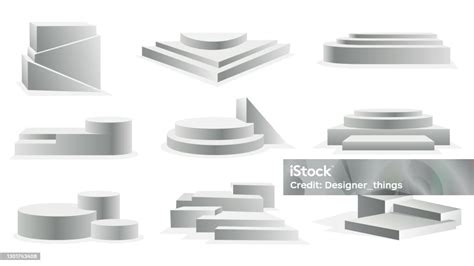 사실적인 연단의 컬렉션 쇼룸 받침대 바닥 단계 플랫폼 벡터 격리 모형 3d 현실적인 빈 연단 단계 제품 프로모션 판매 또는 프레젠테이션을 위한 쇼케이스 개념 3차원 형태에