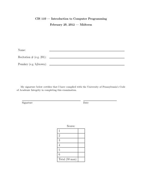 assessment of programming fundamentals a midterm for cis 110 introduction to computer
