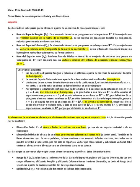 Bases De Un Subespacio Vectorial Y Sus Dimensiones Pdf Base álgebra Lineal Espacio Vectorial