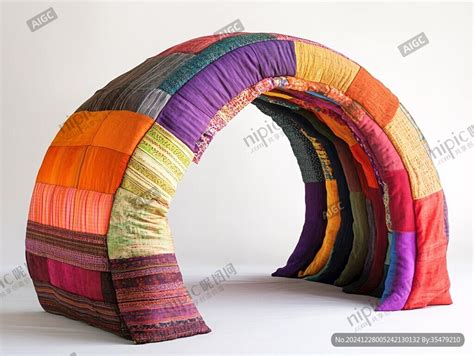 Ai创作图彩色创意座椅 纺织艺术展品 民族风圆毯 日本纺织艺术家 民族风圆形坐垫 布幔螺旋造型 尼泊尔花布伞 彩色土布条纹 色彩鲜艳的靠垫 彩色编织品 织布包装素材 土布彩色条纹 颜色编织品