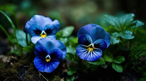 세 개의 파란색 팬이 이끼에 앉아 있습니다 코발트 블루와 하늘색 팬지 파란색 삼색 바이올렛 Hd 사진 사진 배경 일러스트 및 사진 무료 다운로드 Pngtree