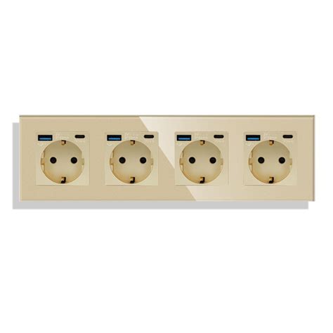 Розетка электрическая с Usb Type C Ac с заземлением панель 4 пост 16А рамка закаленное стекло