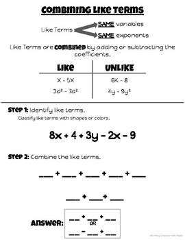 Combining Like Terms Guided Notes By Working Smarter With Math TPT