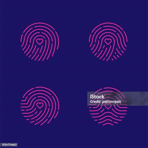 지문 스캔 아이콘 블루 사랑 마음 기호 대시 선 디자인 일러스트로 설정 하 고 녹색 지문 텍스트와 복사 공간 벡터 Eps10와