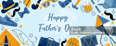 해피 아버지의 날을 위해 파란색 배경에 그런지 질감의 남성 물건과 타이포그래피가 있는 축제 가로 배너 벽지 배경 표지를 위한