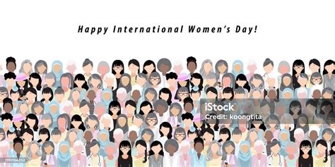 국제 여성의 날 배너 전 세계에서 여성의 얼굴의 다양한 여성과 평면 아이콘 디자인 벡터의 다양한 그룹 International Womens Day에 대한 스톡 벡터 아트 및