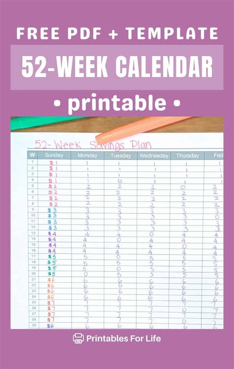 Free 52 Week Calendar Printable Pdf