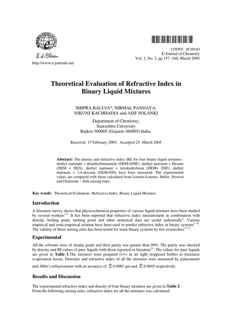 Pdf Theoretical Evaluation Of Refractive Index In Binary Liquid Mixtures