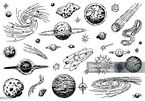 우주 공간 낙서 세트 행성 별 혜성 소행성 은하의 개요 도면 천문학 과학 스케치 흰색으로 격리된 손으로 그린 벡터 그림 운석에 대한 스톡 벡터 아트 및 기타 이미지 Istock