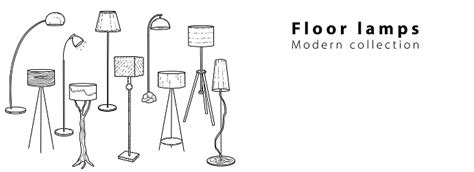 배너 거실용 낙서 스케치 램프 테이블 및 플로어 램프 다양한 크기와 유형 현대적이고 빈티지한 손으로 그렸습니다 벡터 그림입니다 가구에 대한 스톡 벡터 아트 및 기타 이미지